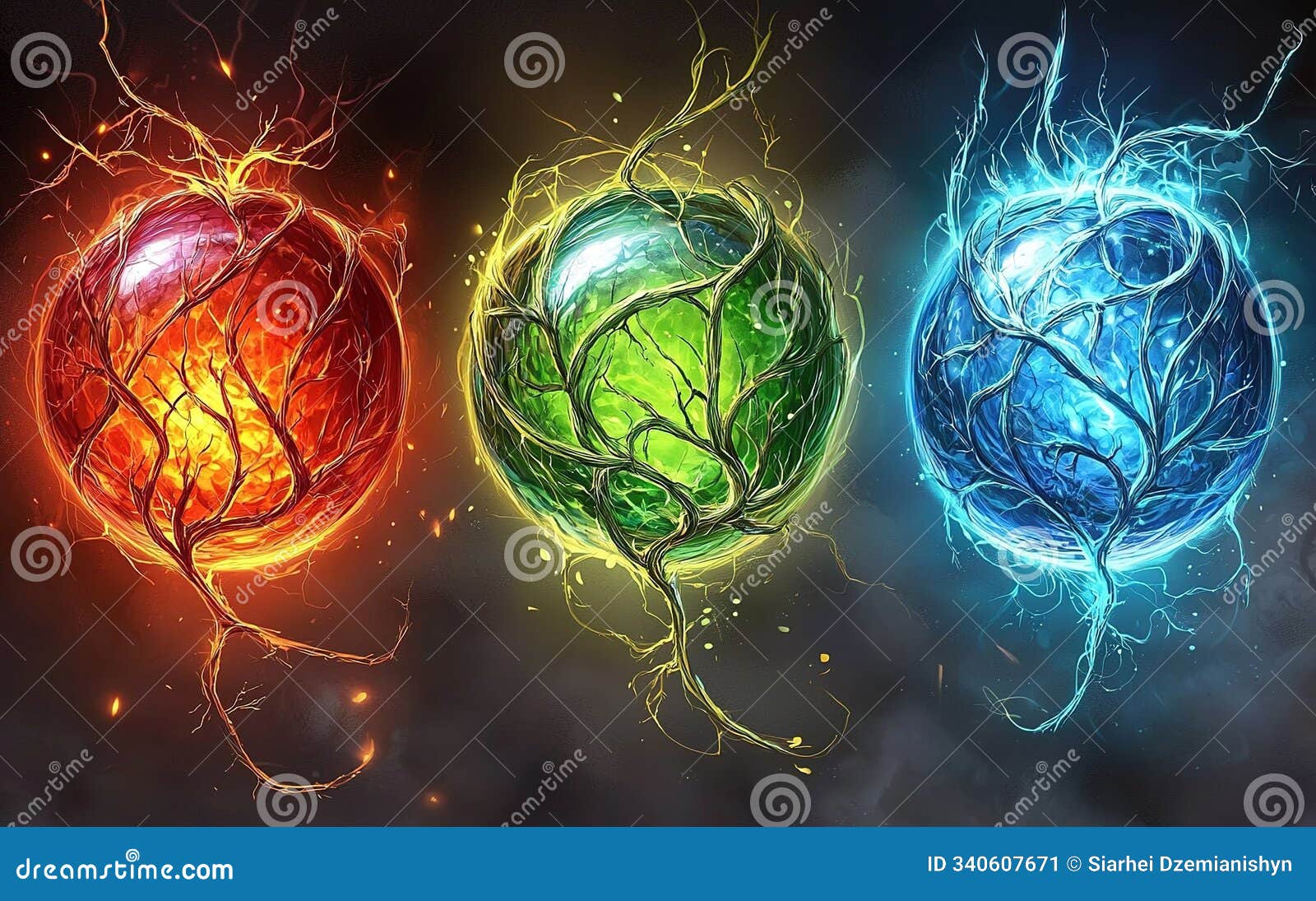 Three Elemental Orbs Representing Fire, Earth, and Water Surrounded by ...