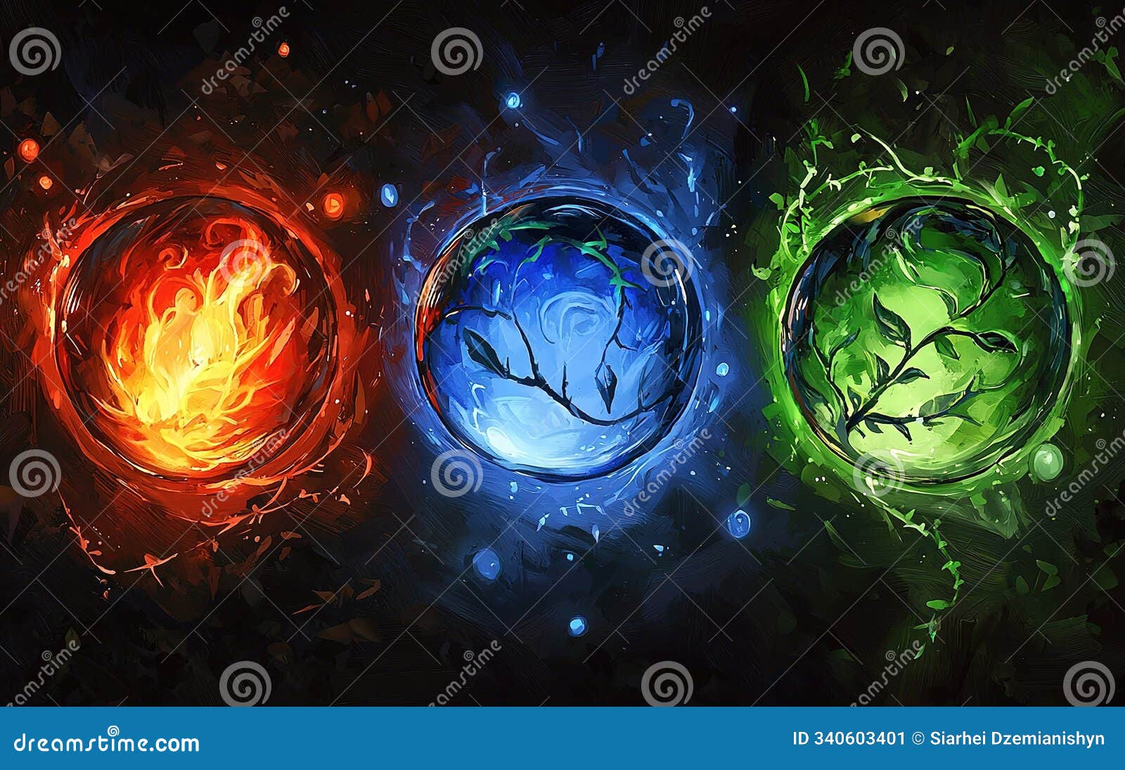 Three Elemental Orbs Representing Fire, Water, and Earth in a Mystical ...