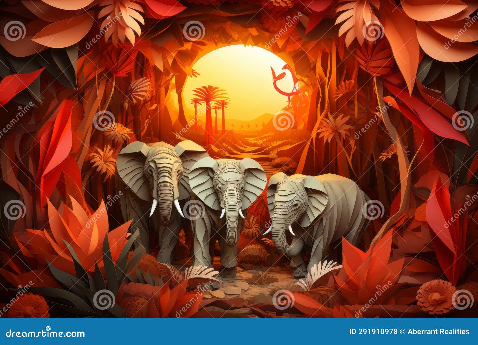 Three Elephants In The Jungle At Sunset Royalty-Free Stock Image ...