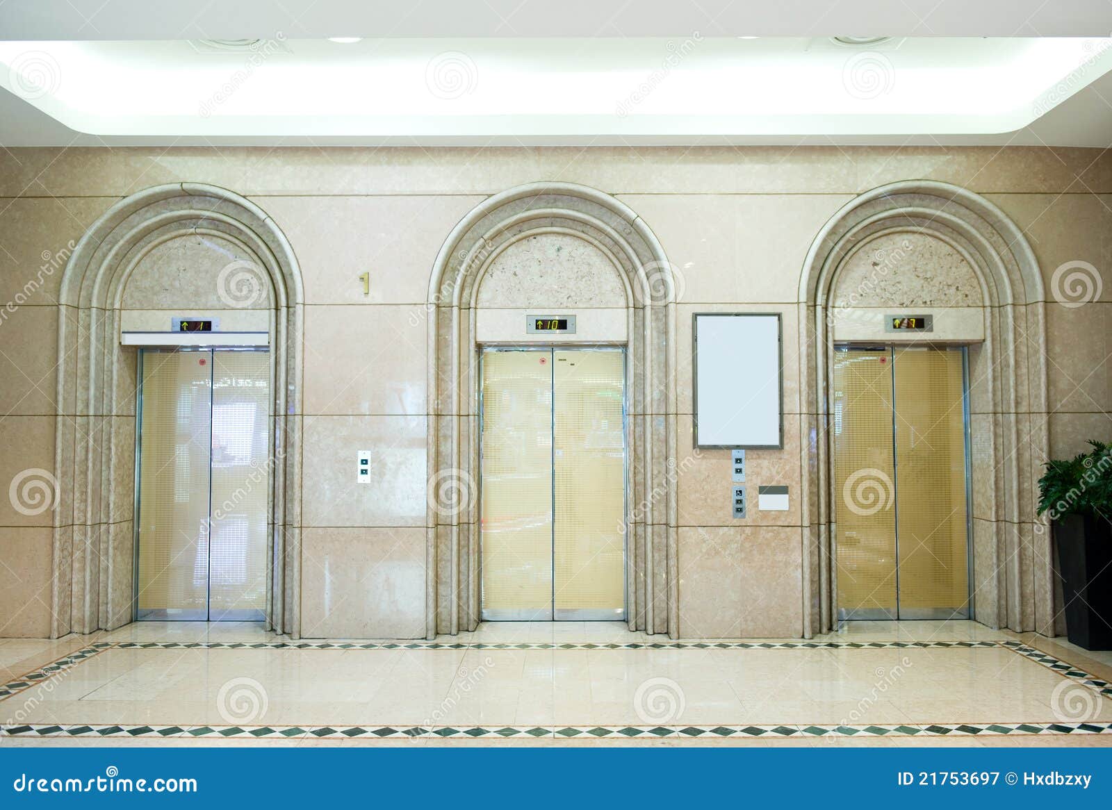 Three Elevator Doors In A Residential Building. Wide-angle View Of ...