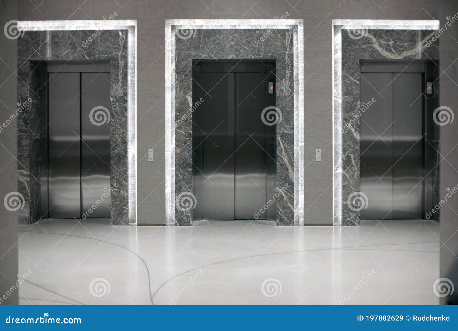 Three Elevator Doors In A Residential Building. Wide-angle View Of ...