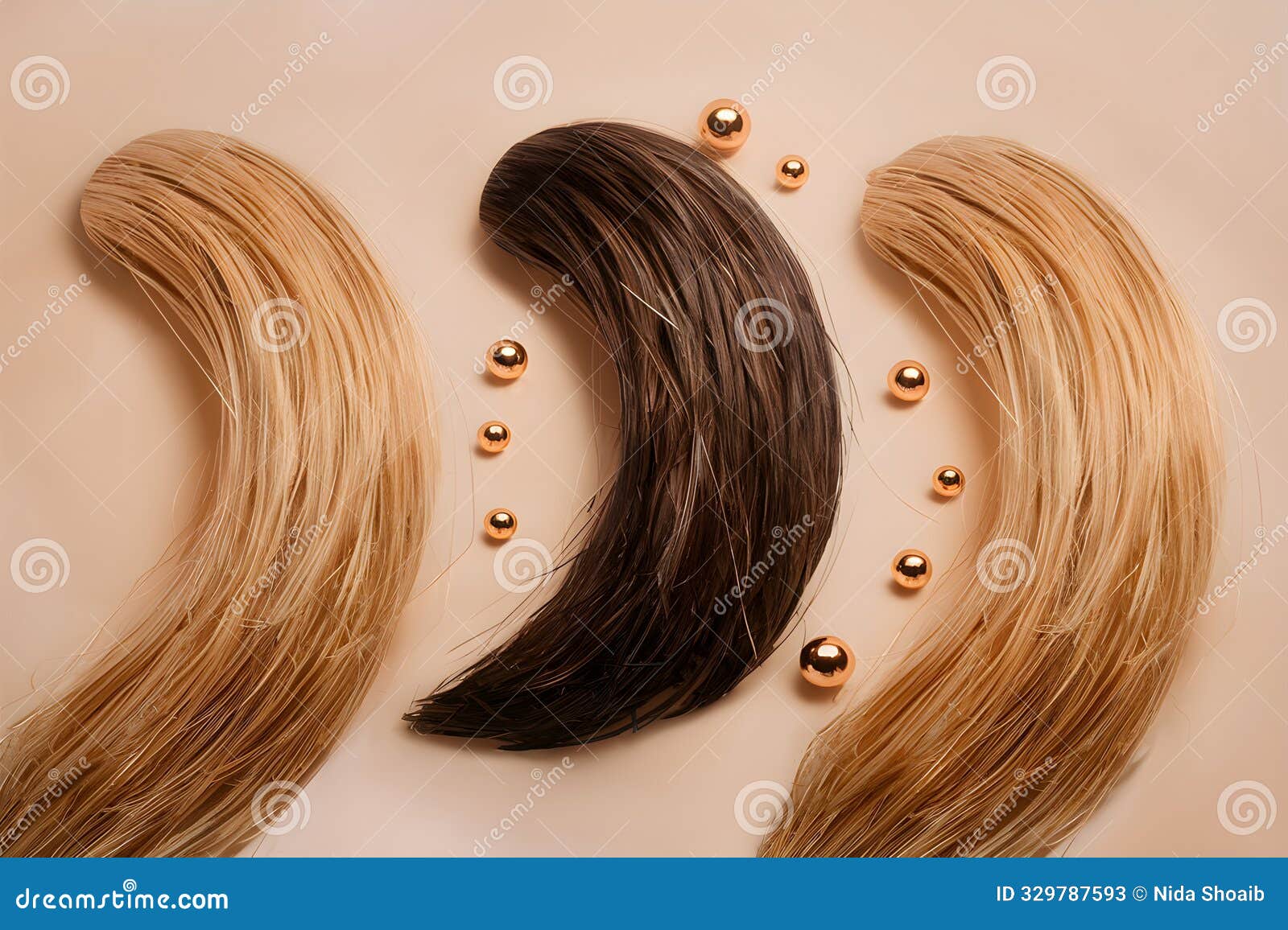Three Elongated Strands with Golden Objects on Beige Background ...