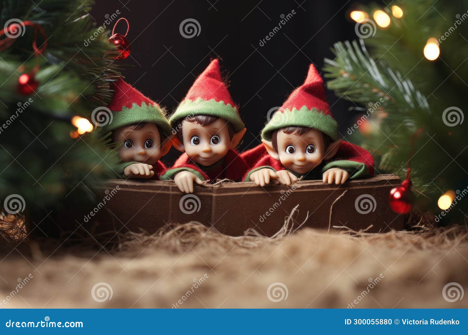 Christmas Elves Peeking Out from Under Tree Stock Illustration ...
