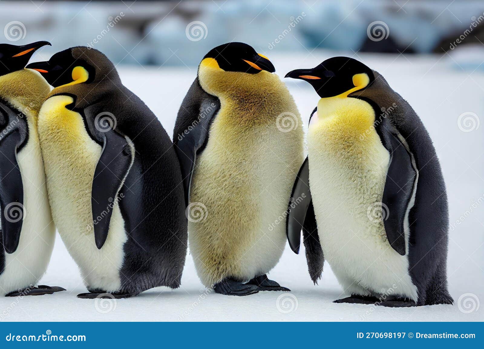 Three Emperor Penguins Sit Awkwardly On Ice On Gray Background. Stock ...