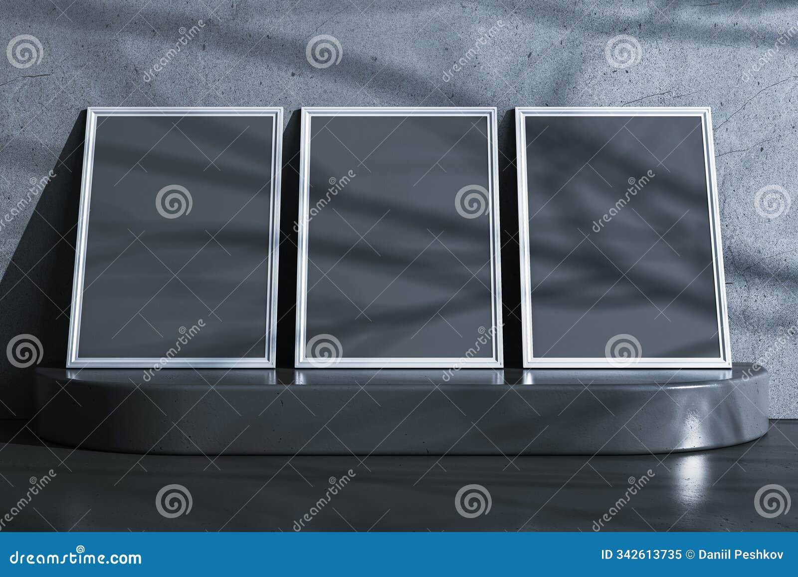 Three Empty Black Picture Frames on Pedestal. Gray Concrete Wall ...