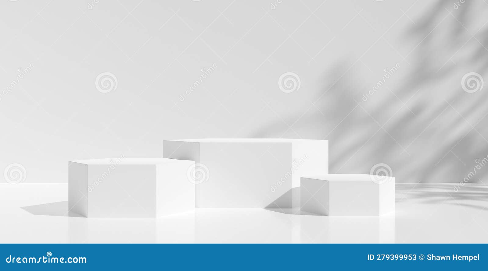 Three Empty, Blank, Hexagon Shaped Podiums or Dais in White Room ...