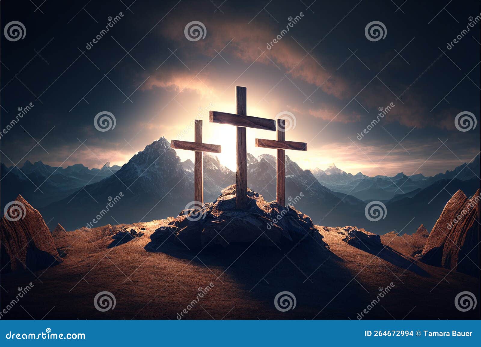 Three Empty Crosses on Hilltop in the Mountains, Evening Sunlight Stock ...