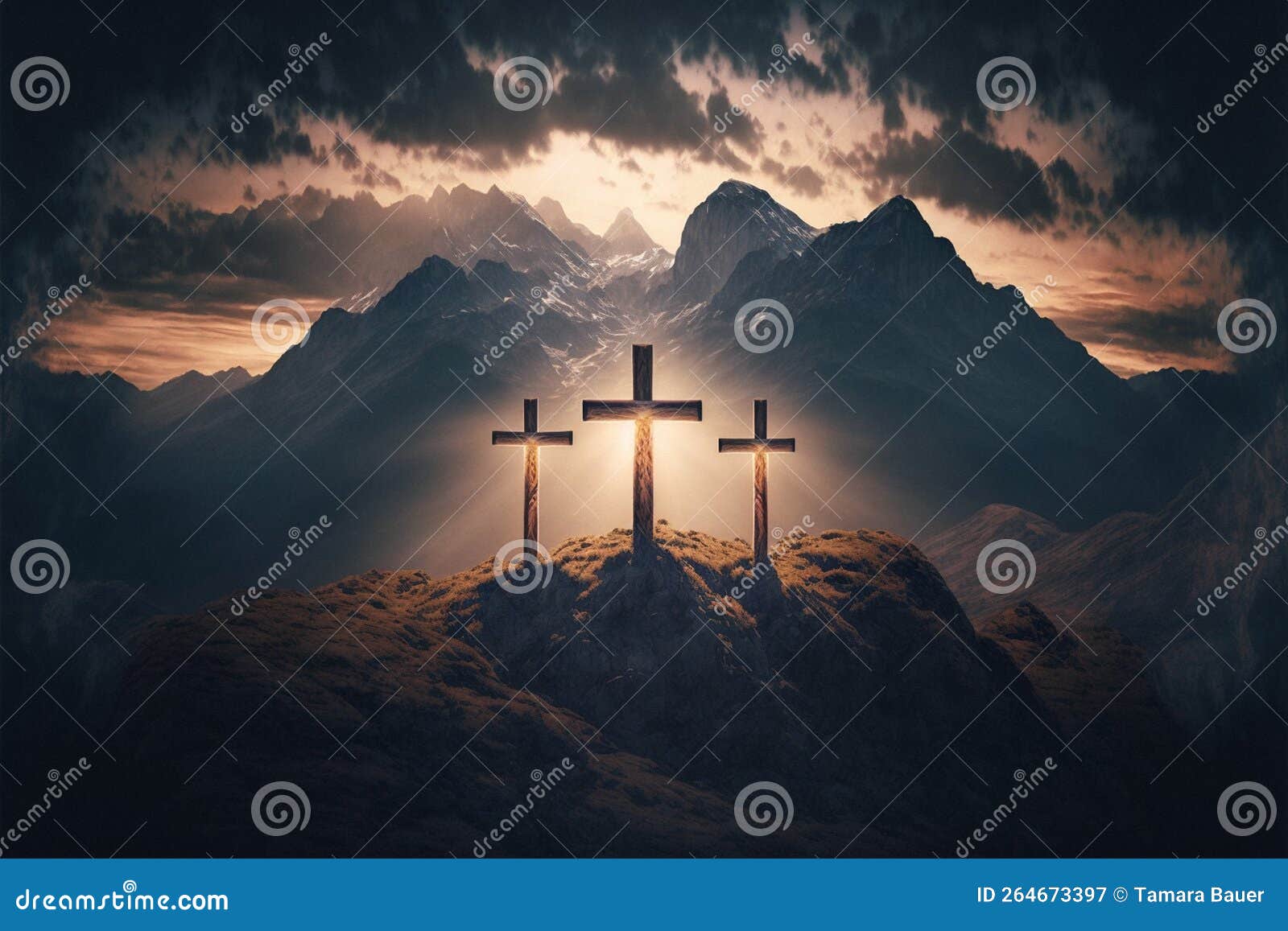 Three Empty Crosses on Hilltop in the Mountains, Evening Sunlight Stock ...