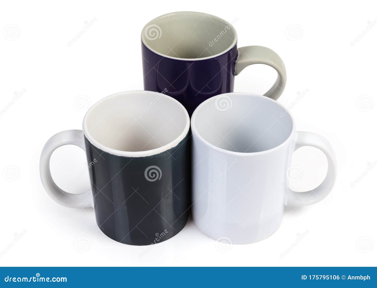 Three Empty Cups Different Colors and Sizes on White Background Stock ...