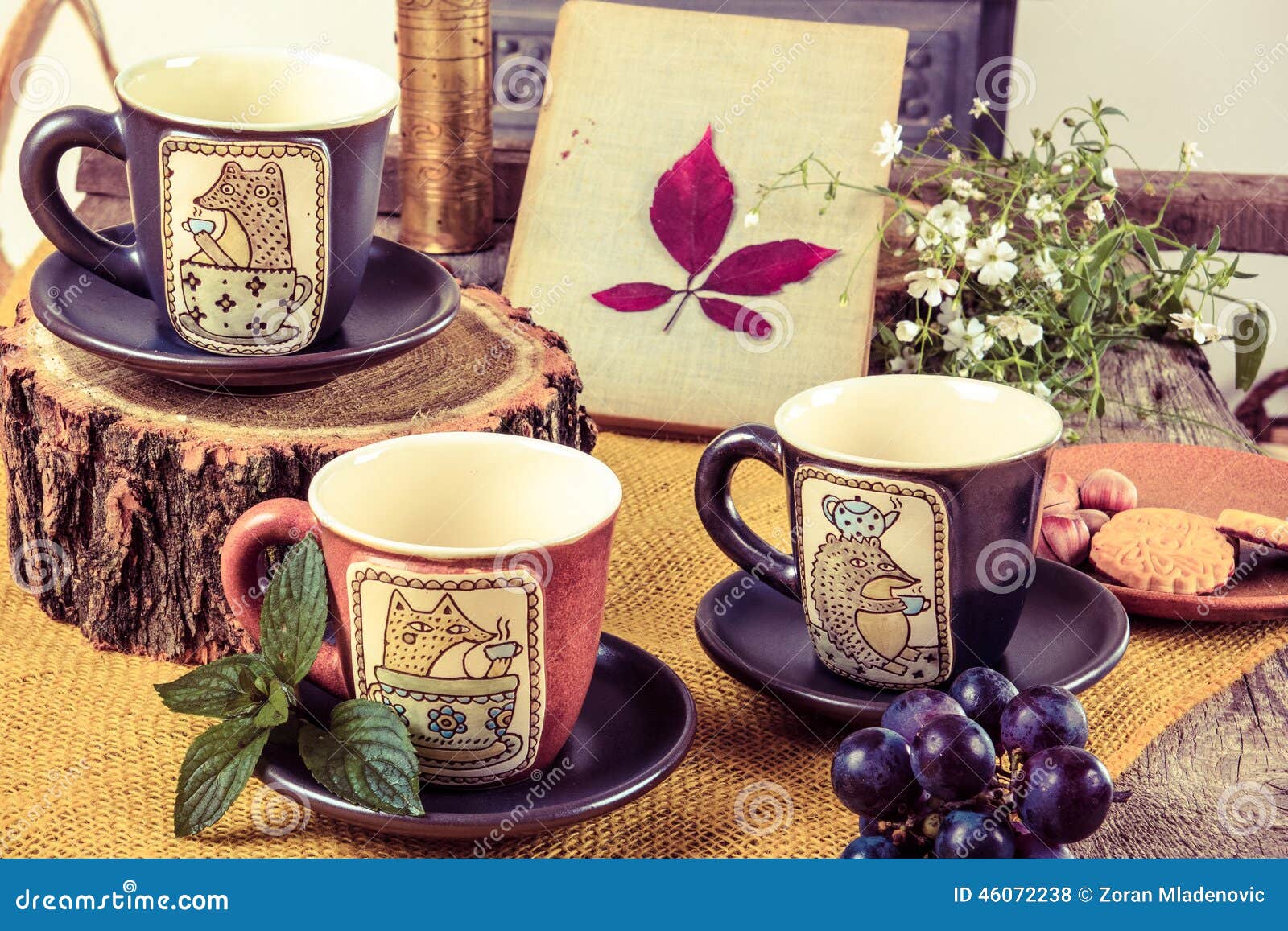 Three Empty Cups for Tea on Retro Wooden Table Stock Photo - Image of ...