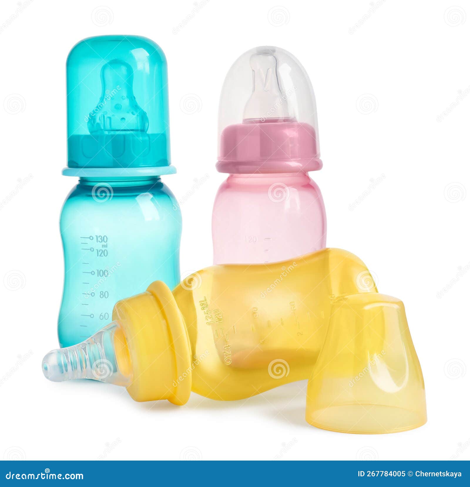 Three Empty Feeding Bottles for Baby Milk Isolated on White Stock Image ...