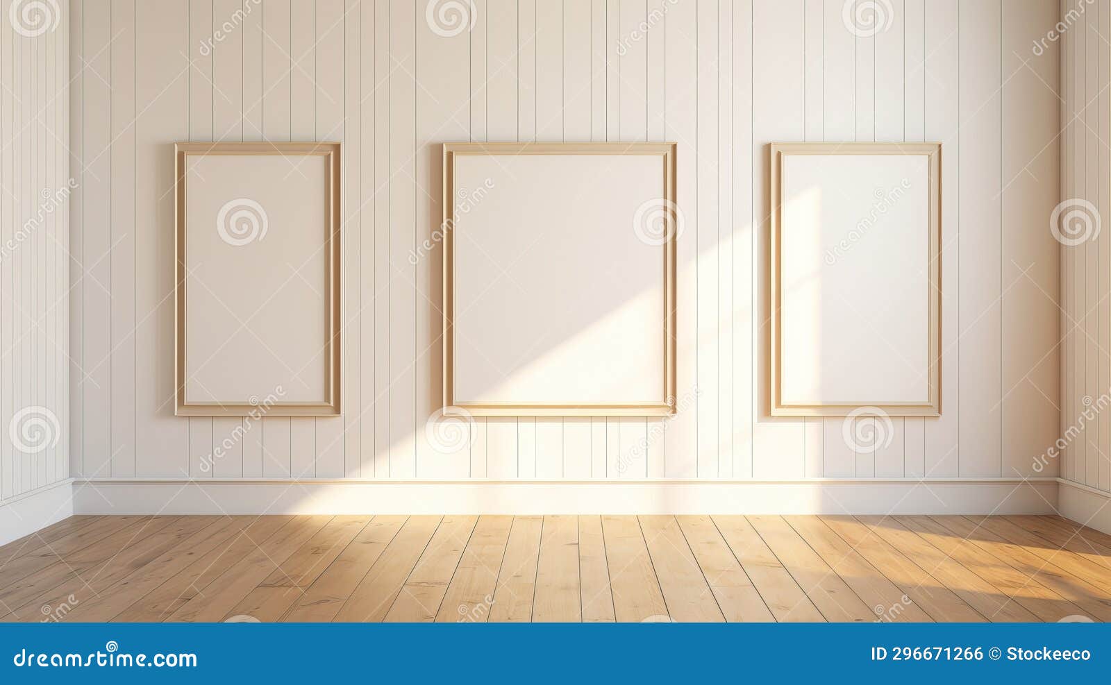 Contemporary Landscape Paintings: Three Empty Frames on White Wood ...