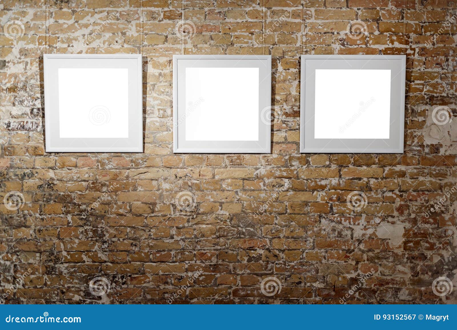 Three Empty Frames on Light Brick Wall. Blank Space Posters or Art ...