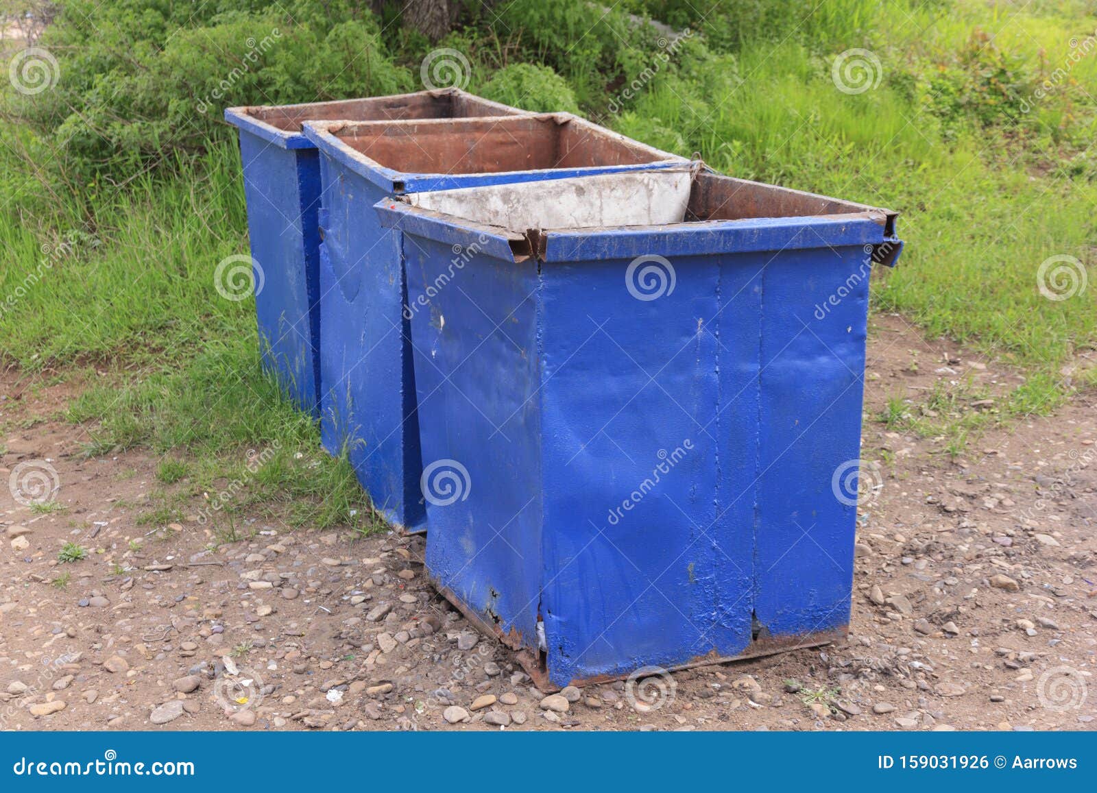 Three Empty Garbage Cans on the Green Grass Stock Photo - Image of ...