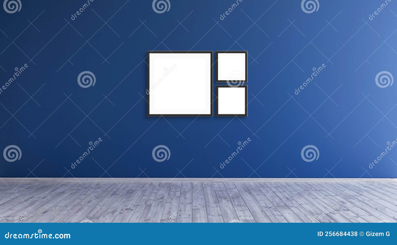 Three Empty Modern Square Black Frame Mockup Design on a Blue Wall Room ...