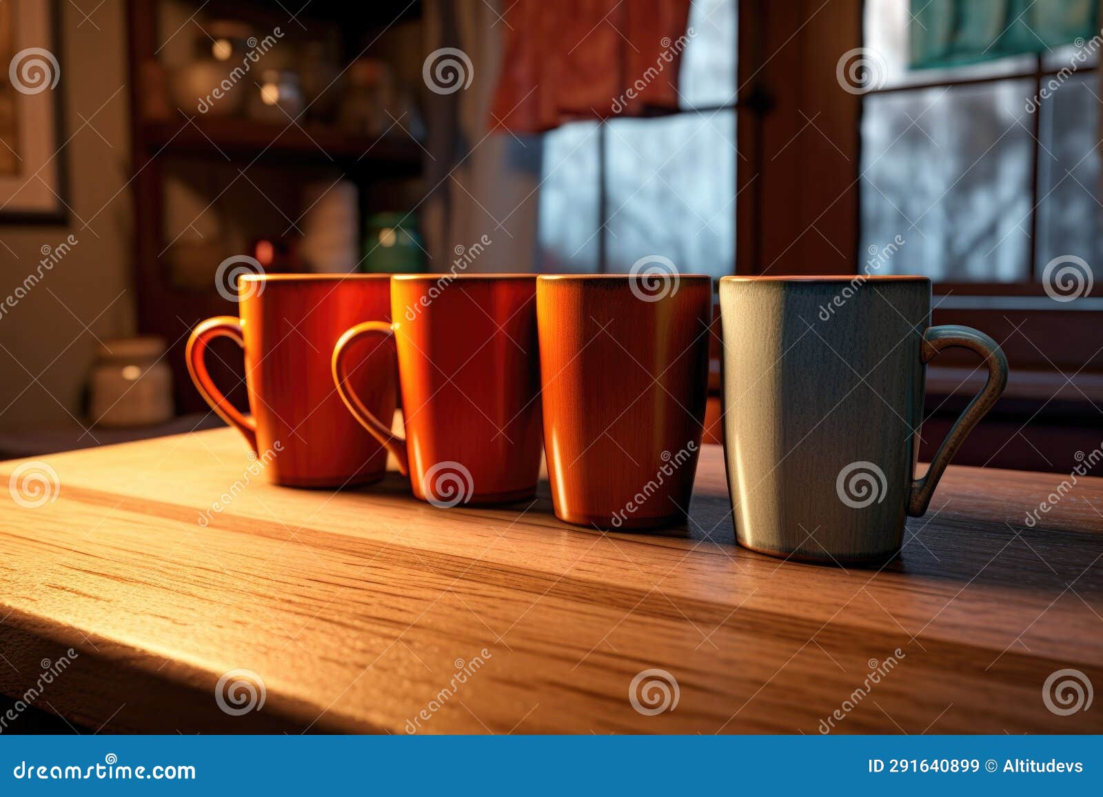 Three Empty Mugs in a Row, Large, Medium, Small on a Cozy Table Stock ...