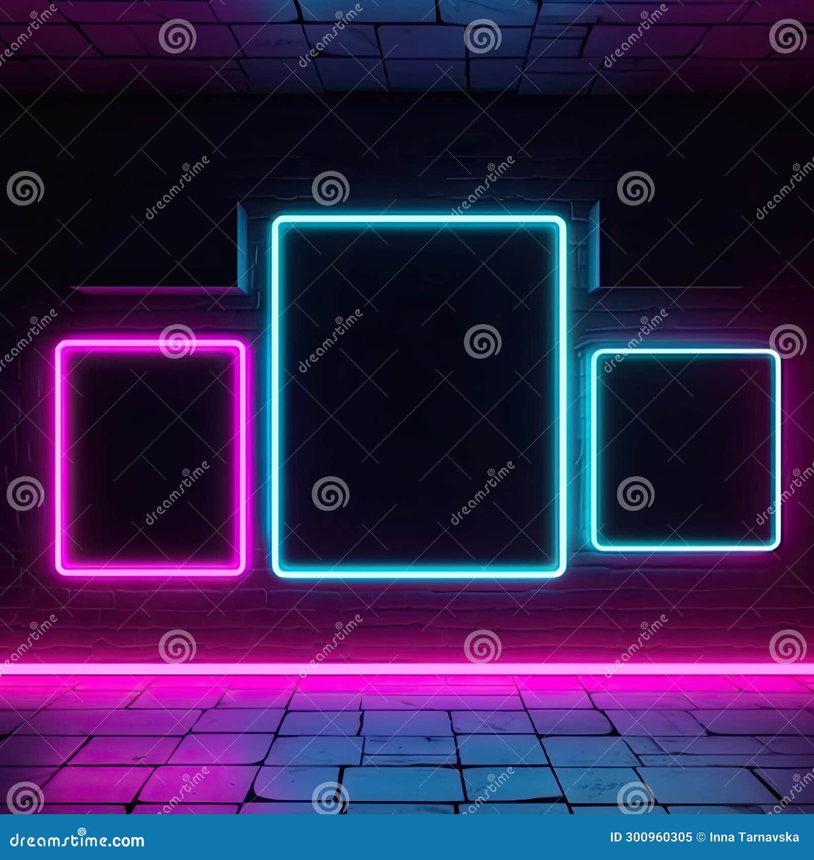 Three Empty Neon Light Frames with Black Blank Space for Mockup. Blue ...