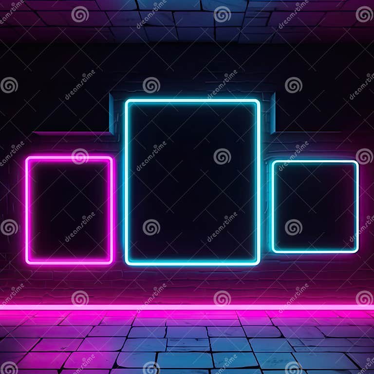 Three Empty Neon Light Frames with Black Blank Space for Mockup. Blue ...