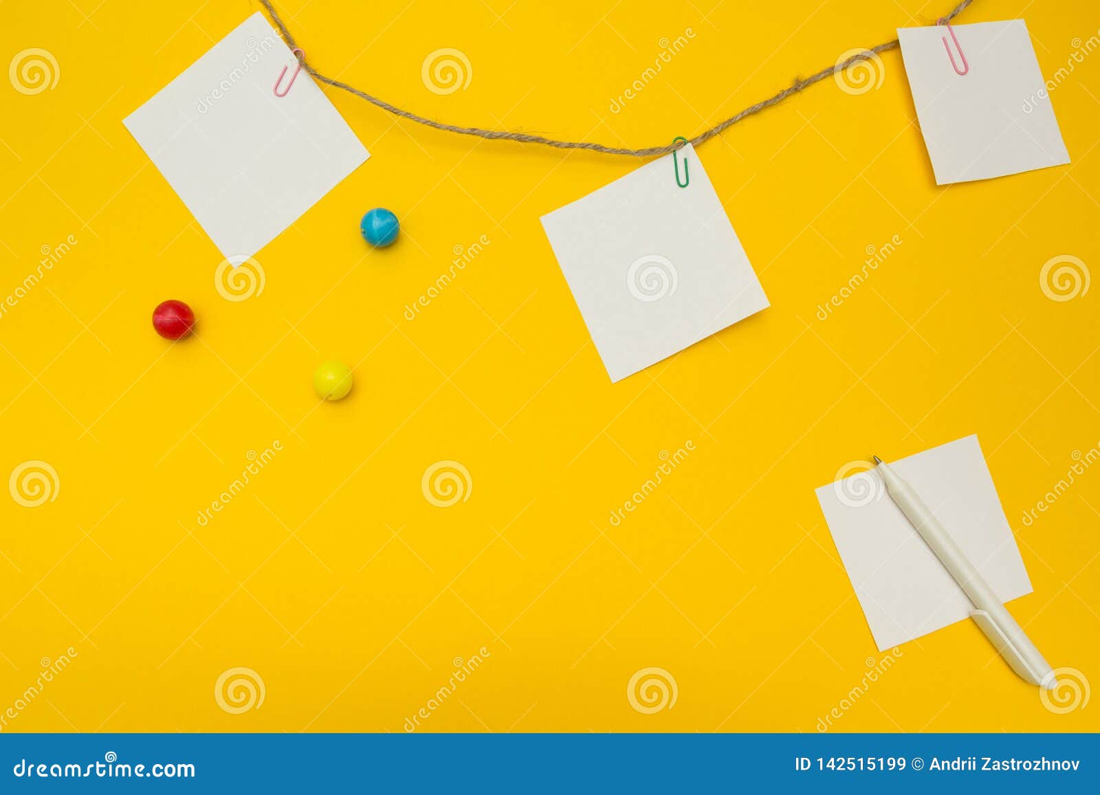 Three Empty Note Papers Attached To a Rope on a Yellow Background. Flat ...