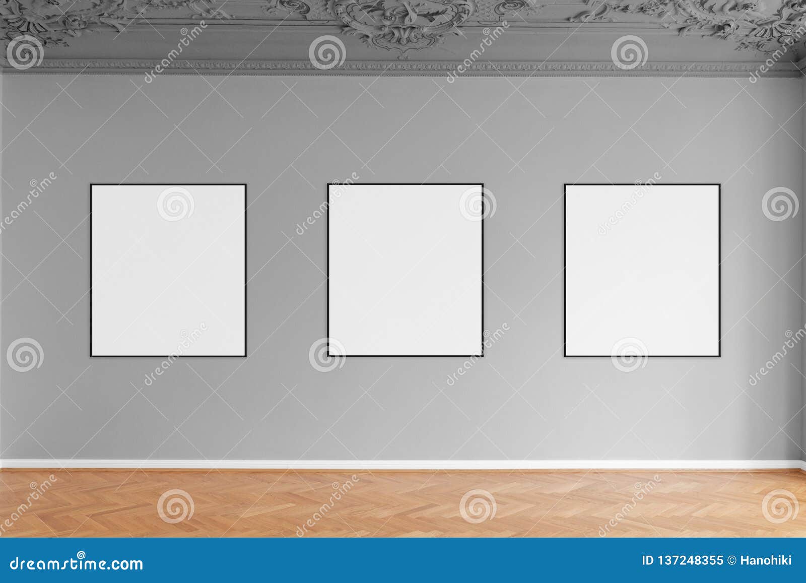 Three Empty Picture Frames Hanging on Grey Wall in Gallery Stock Image ...