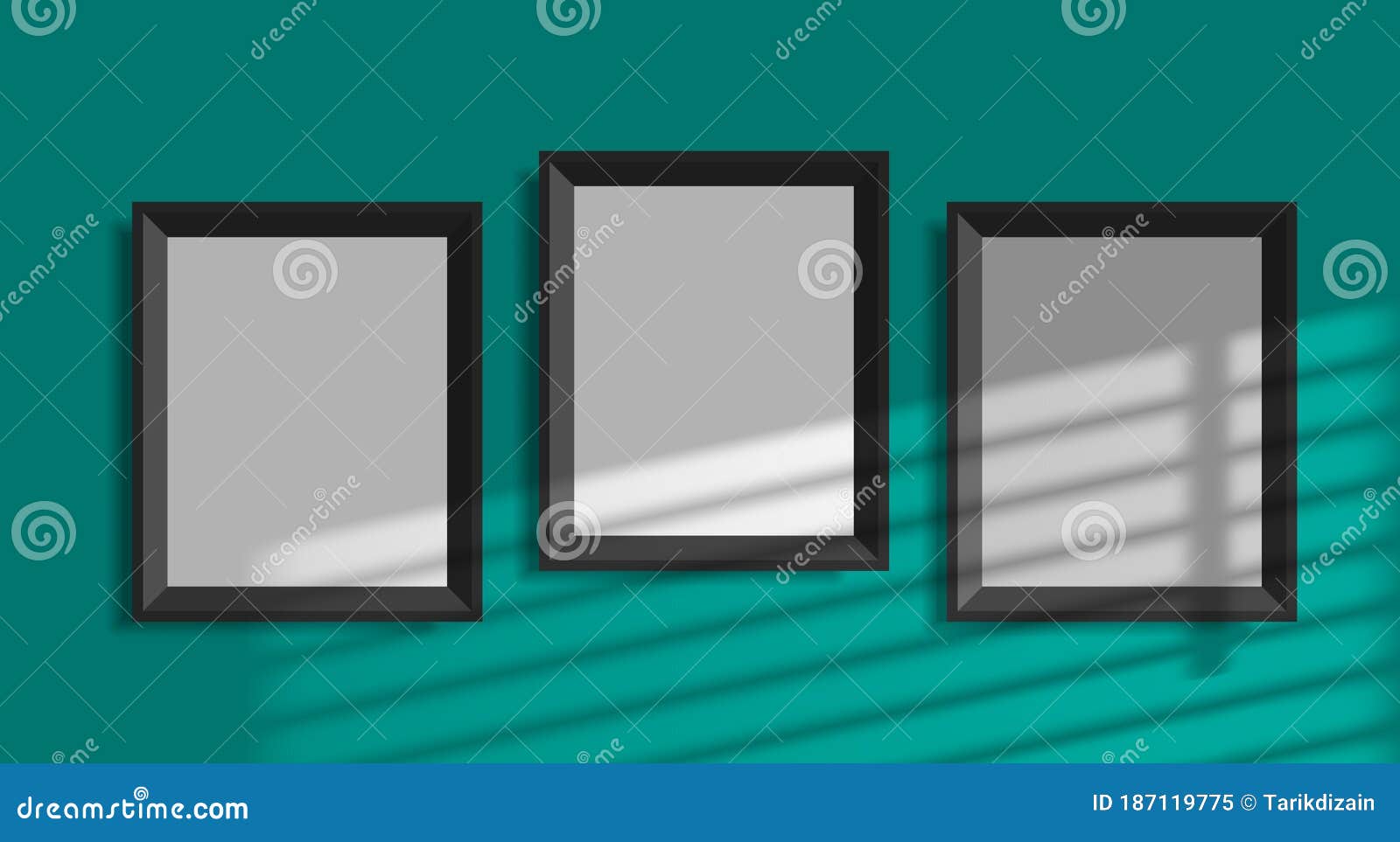 Three Empty Picture Frames Hanging on the Wall Window Light Blinds ...