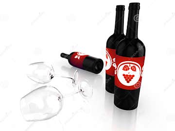 Three Empty Wine Bottles and Two Empty Glasses Stock Illustration ...
