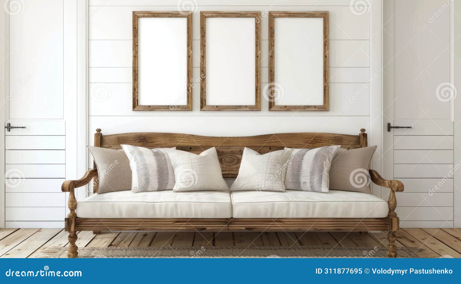 Three Empty Wooden Frames Hanging Above Sofa Stock Image - Image of ...