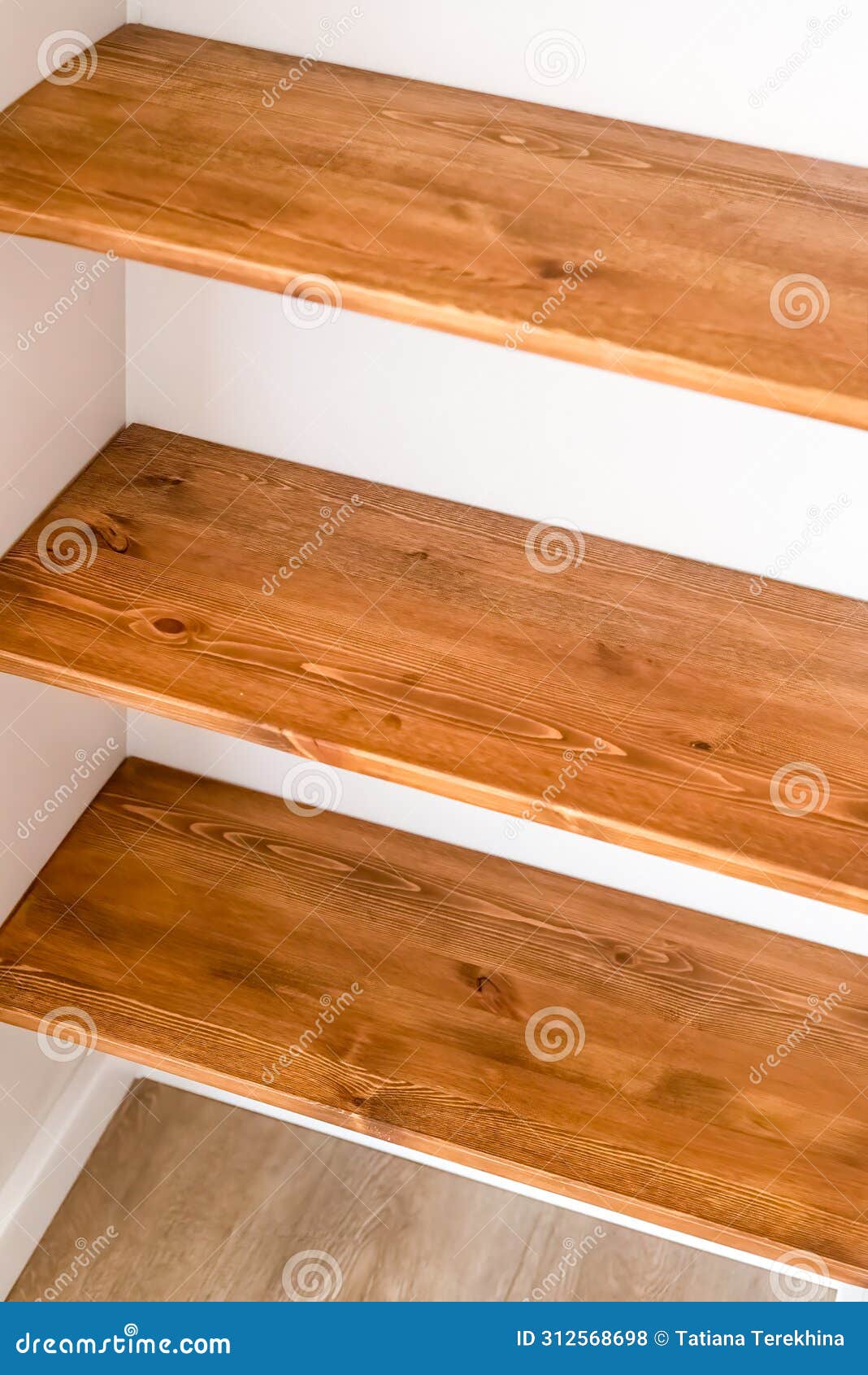 Three Empty Wooden Shelves on a White Wall Stock Photo - Image of close ...