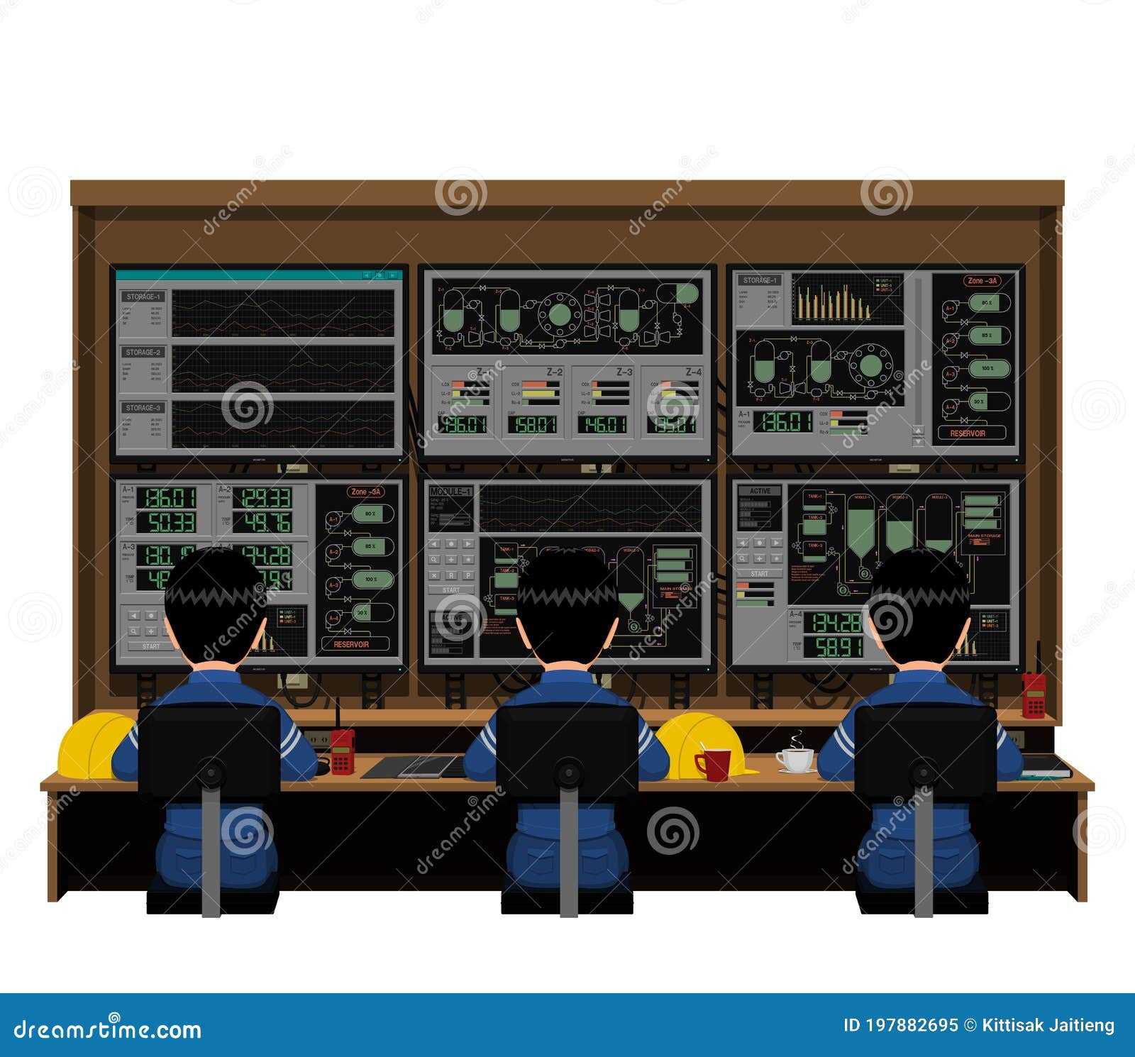 Three Engineers are Working at Their Workstation on White Background ...