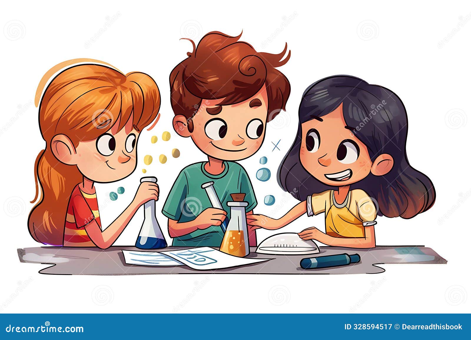 Three Enthusiastic Children Working On A Science Experiment With Test ...