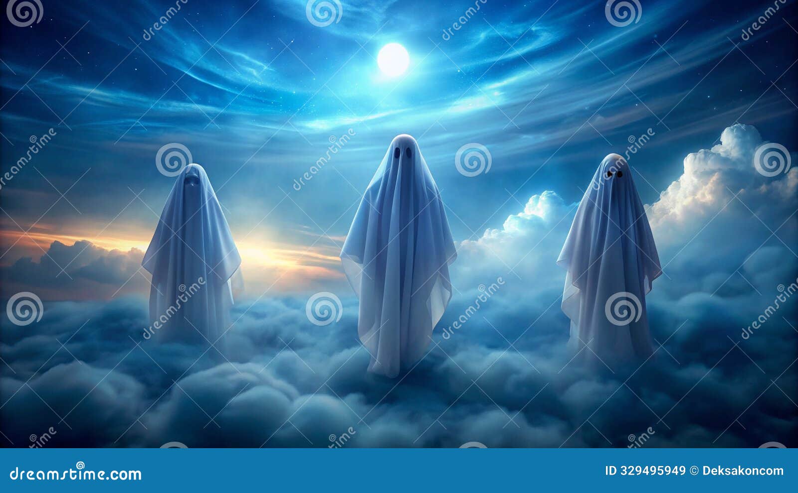 Three Ethereal Ghosts Floating in a Dark Blue Sky AI-Created Content ...