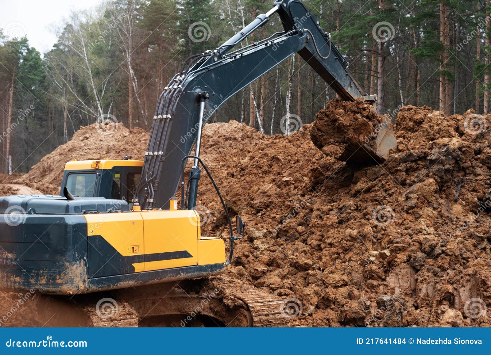 Three Excavators in the Process of Work Digs Stock Photo - Image of ...