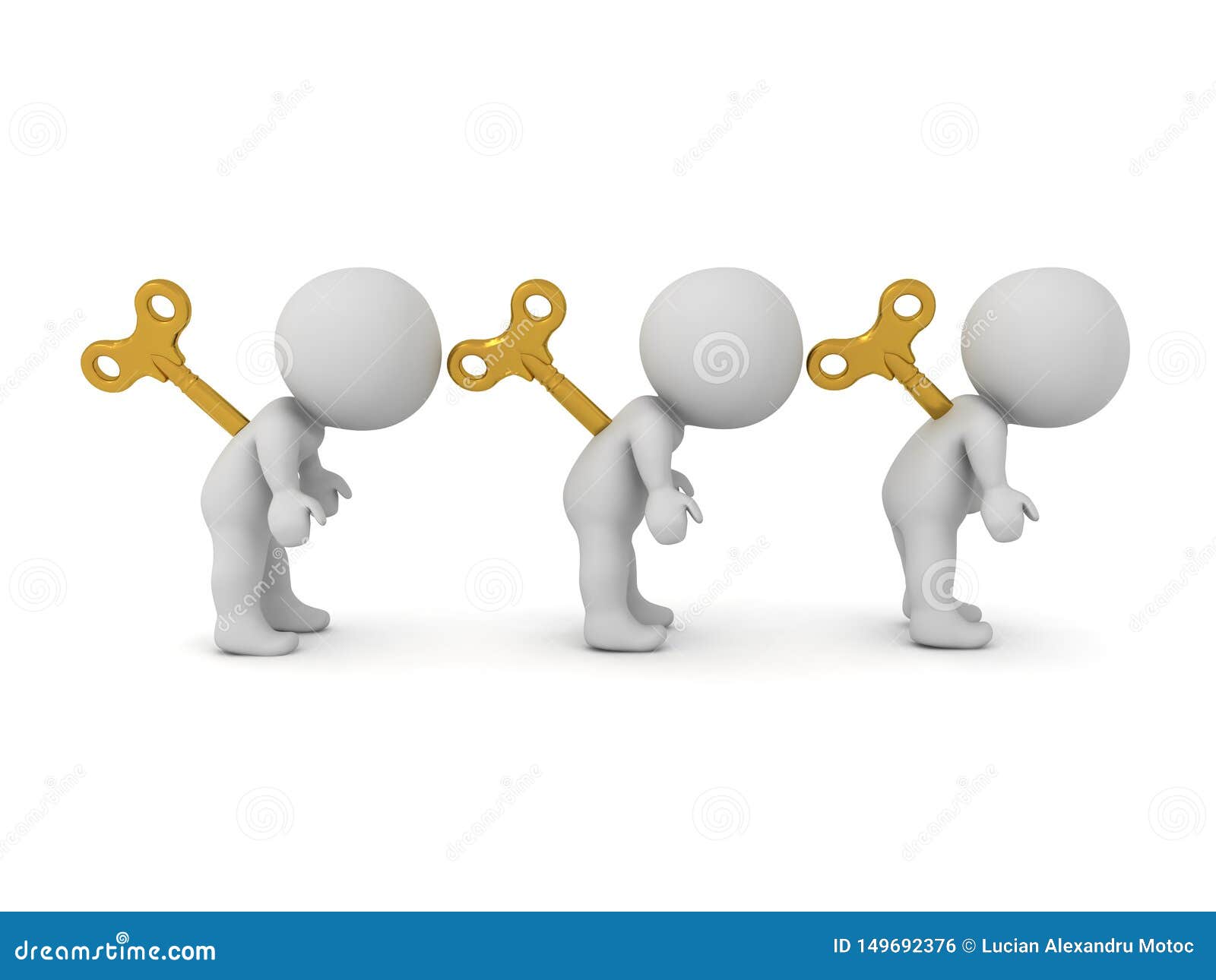 Three Exhausted 3D Characters with Wind-up Keys Stock Illustration ...