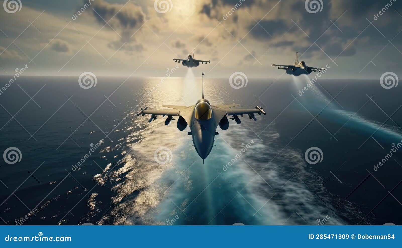 Three F-16 Air Force Fighters Flying Over the Ocean, Beautiful Cloudy ... Three F-16 Air Force Fighters Flying Over the Ocean, Beautiful Cloudy ...