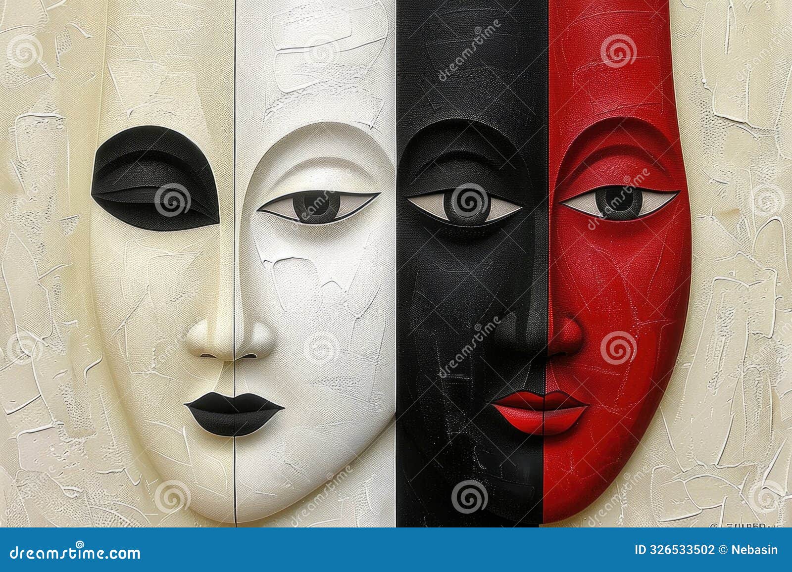 Three Faces, Each Painted in a Distinct Color, are Presented Side by ...