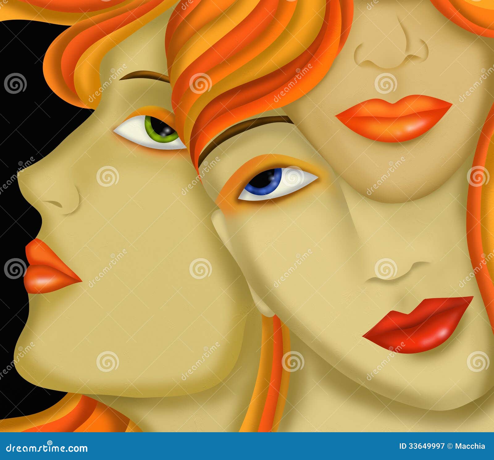 Three faces of women stock illustration. Illustration of green - 33649997