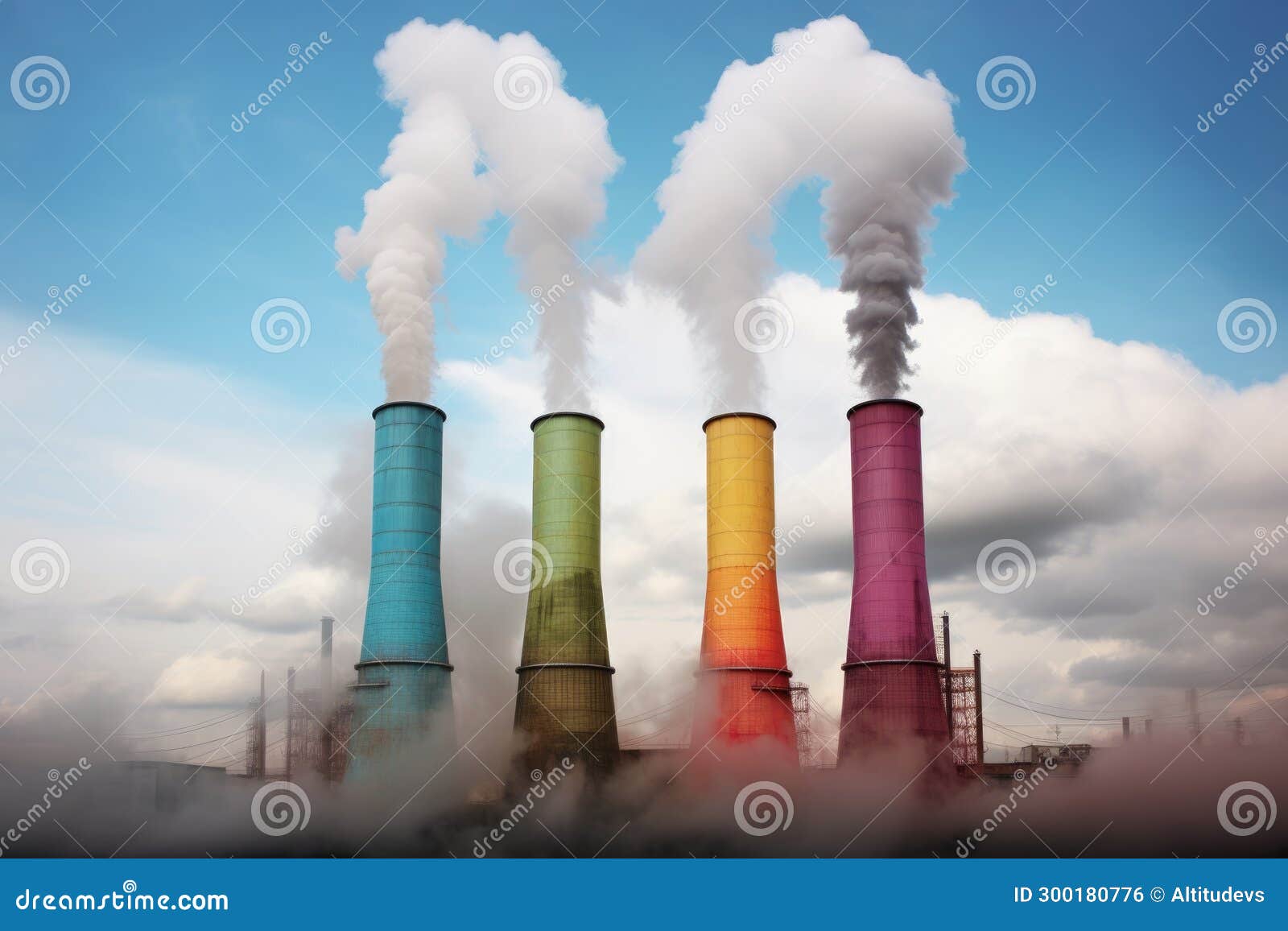 Three Factory Chimneys Releasing Differently Colored Smoke Stock Photo ...