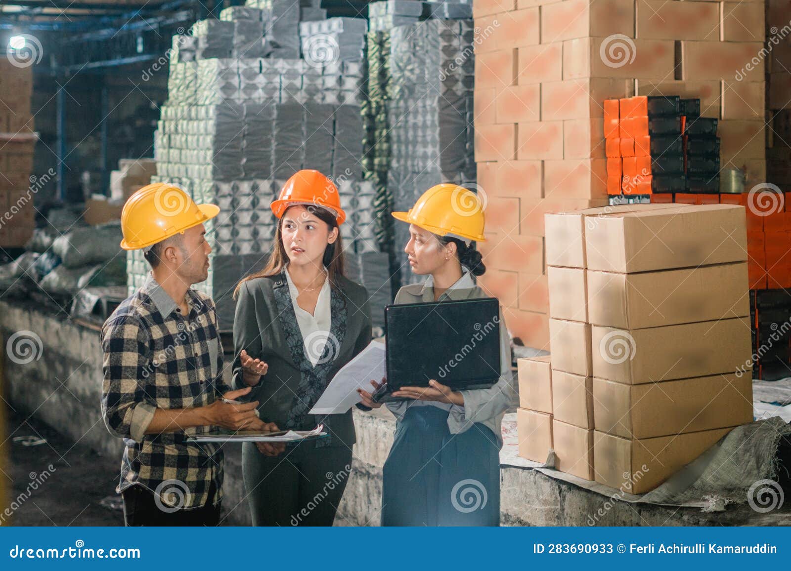 Three Factory Employees Such As Facing Problems and Discussing Stock ...