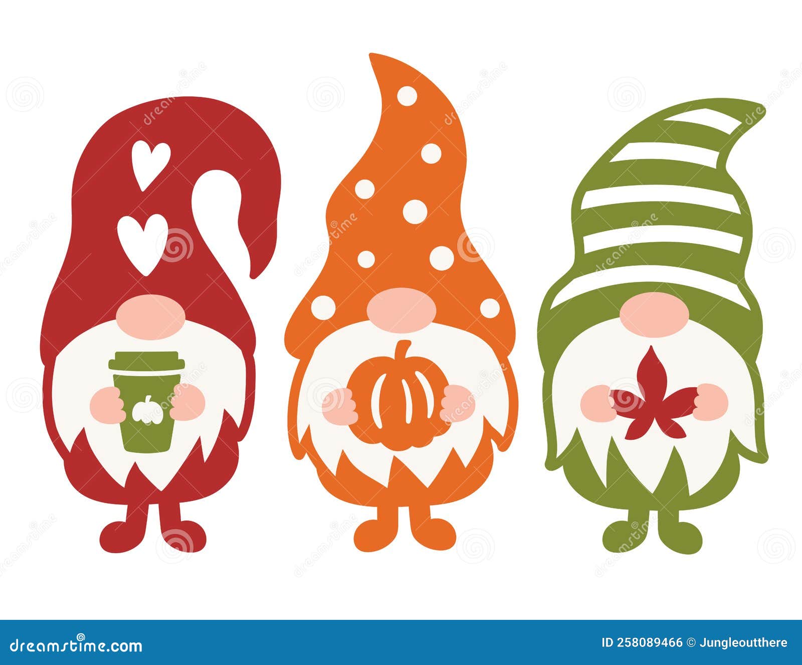 Three Fall Gnomes Holding Pumpkin, Maple Leaf, and Coffee Vector ...
