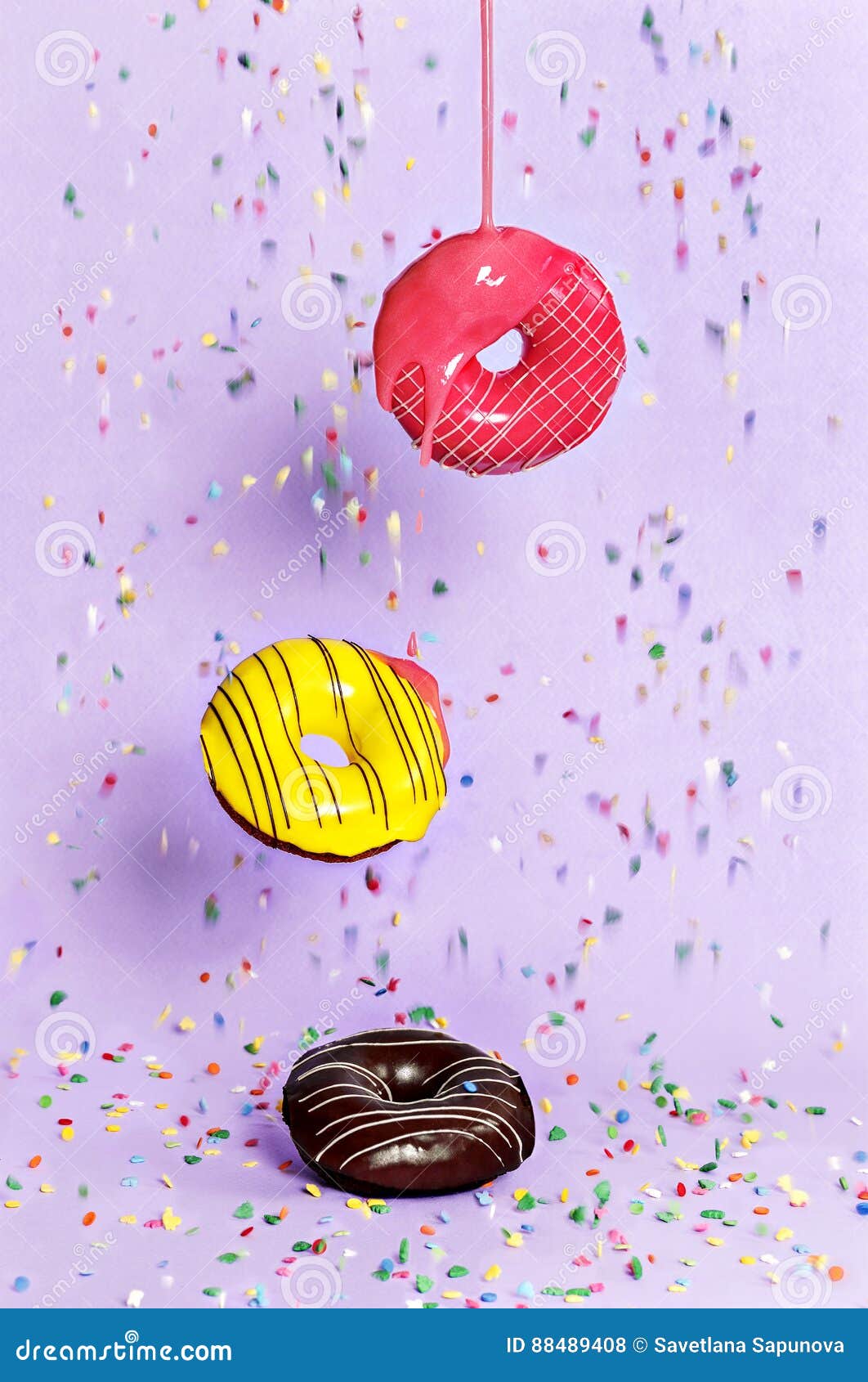 Three Falling Donut in Motion Stock Photo - Image of flies, cream: 88489408