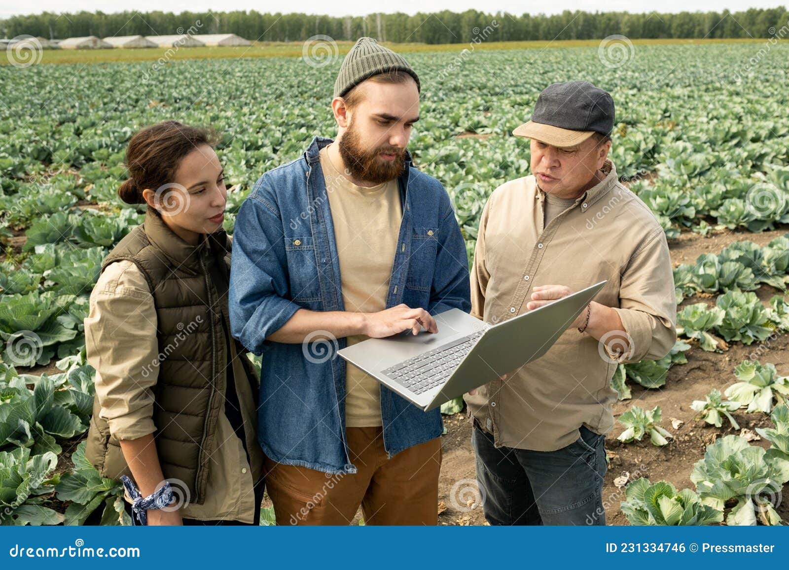 Three Farmers Discussing Online Data or Watching Video Stock Photo ...