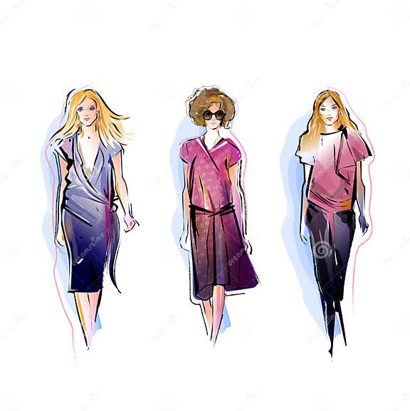 Three Fashion Models stock illustration. Illustration of attractive ...