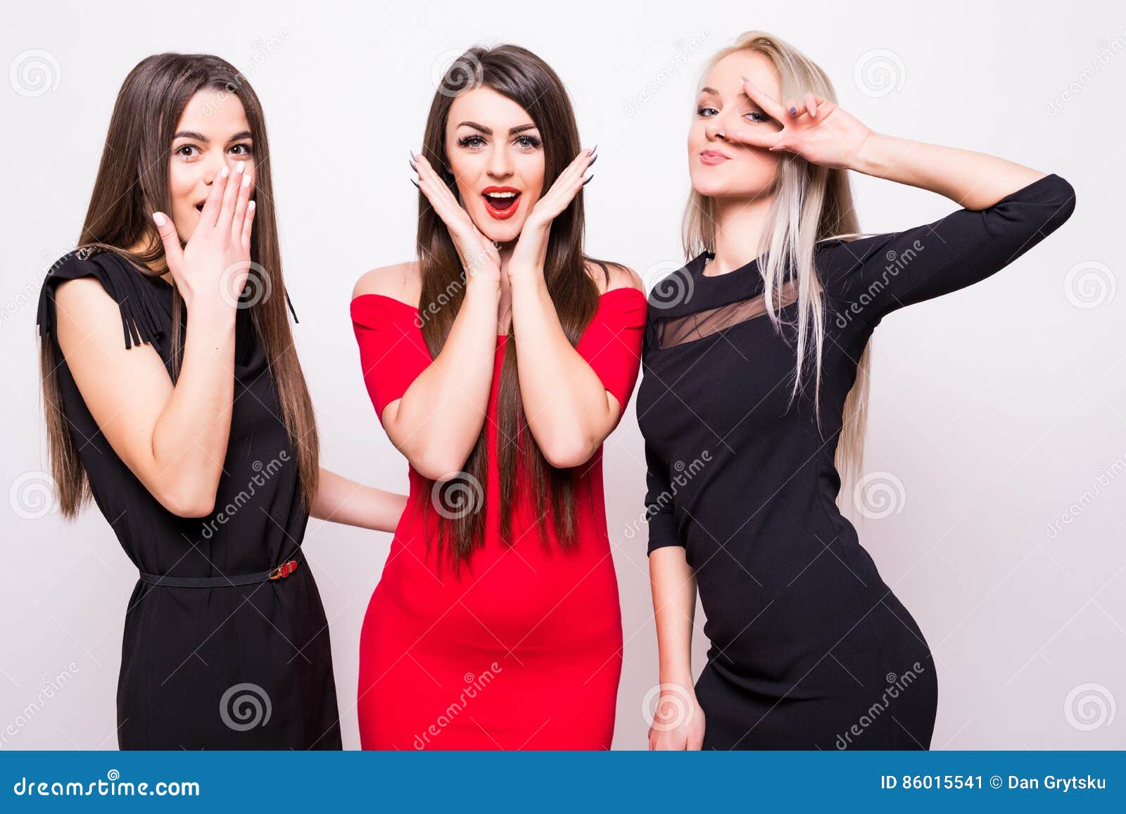 Three Fashion Models in Night Dresses Have Fun on Camera. Stock Image ...
