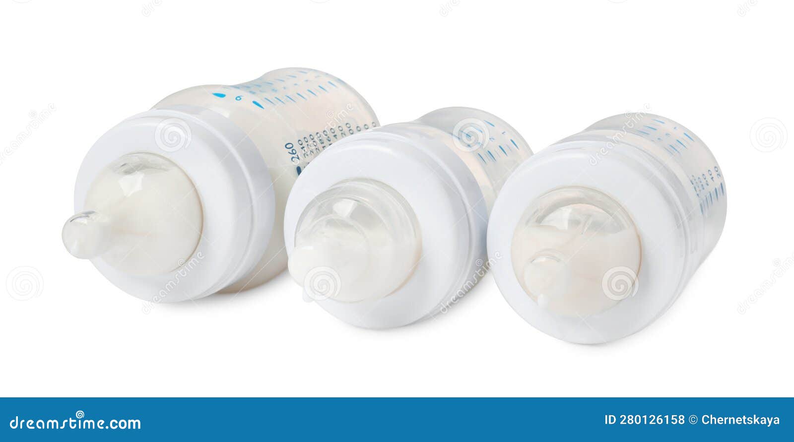 Three Feeding Bottles with Infant Formula on White Background Stock ...