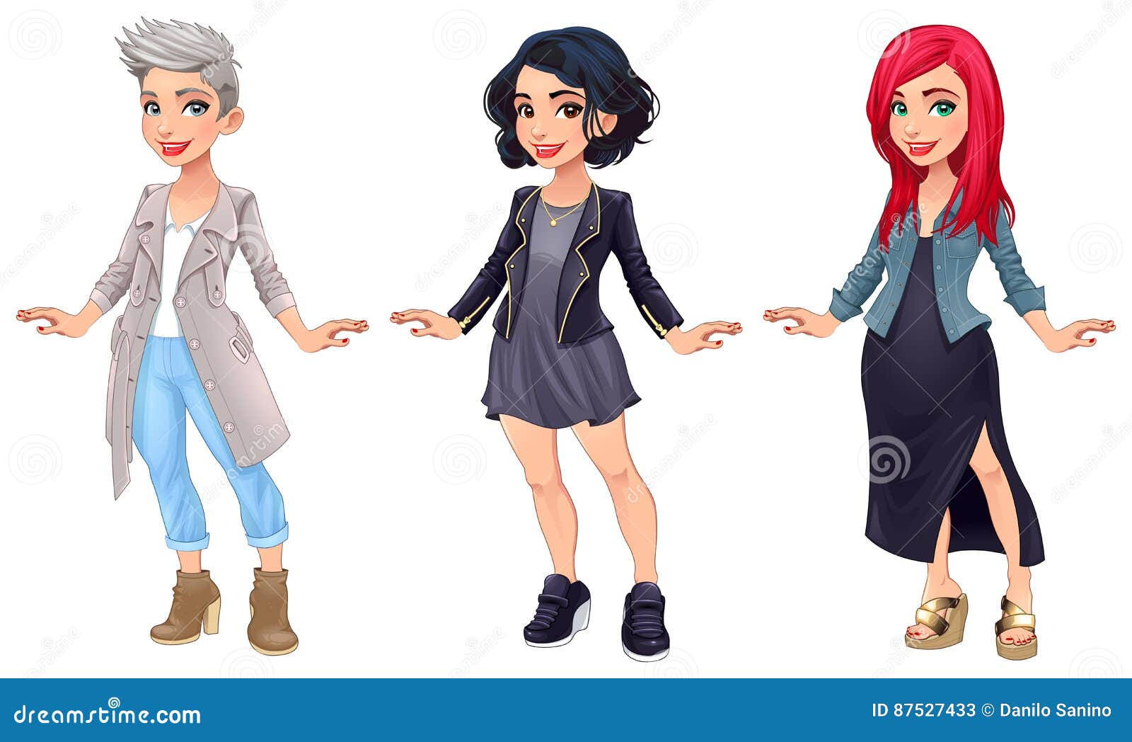 Three Female Cartoon Characters Stock Vector - Illustration of beauty ...