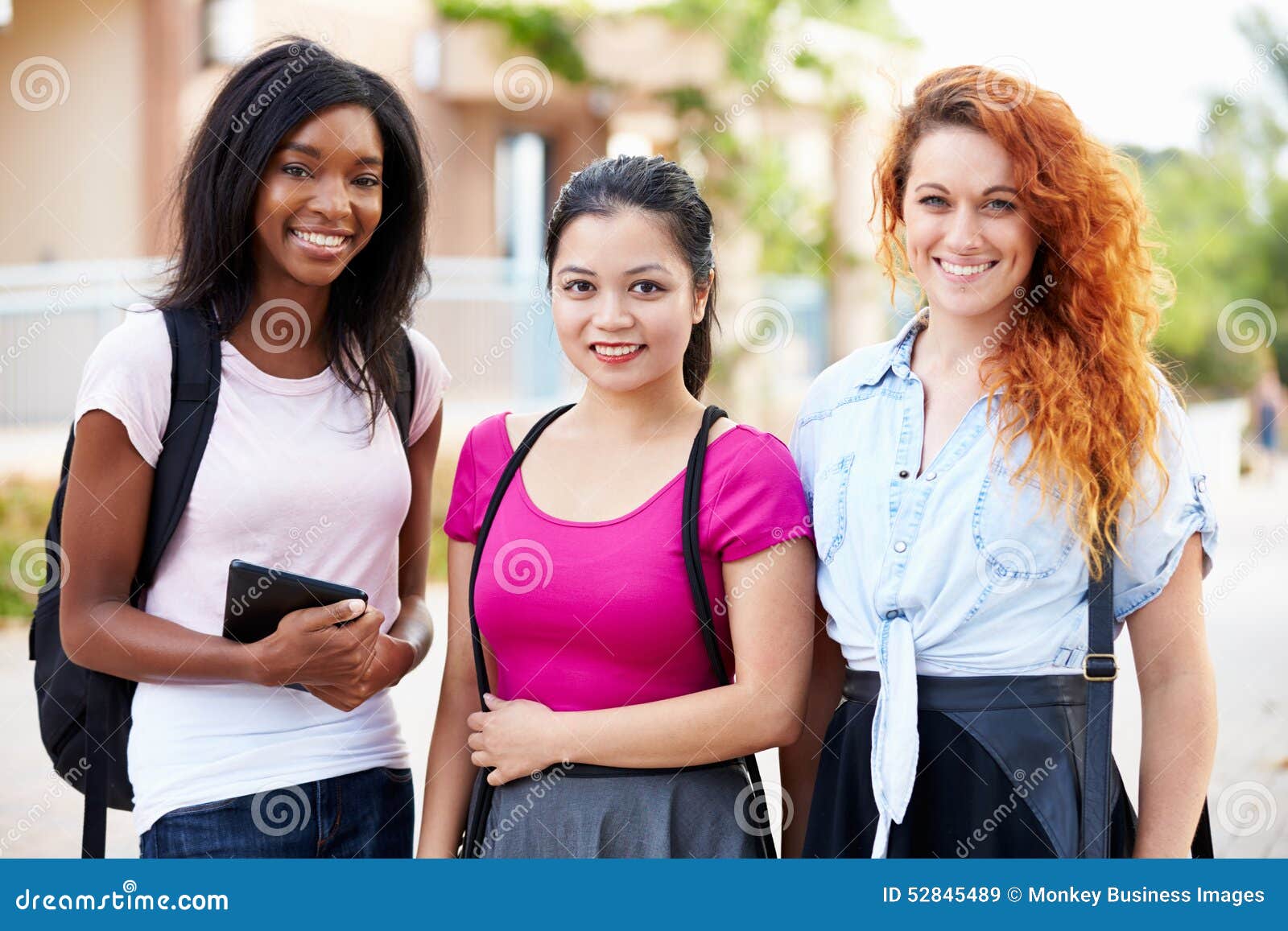 Three Female University Student Outdoors on Campus Stock Image - Image ...