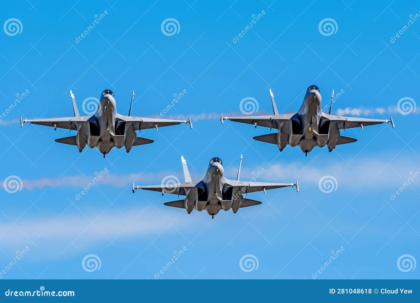 Three Fighter Jets Flying in Formation in a Blue Sky Stock Illustration ...