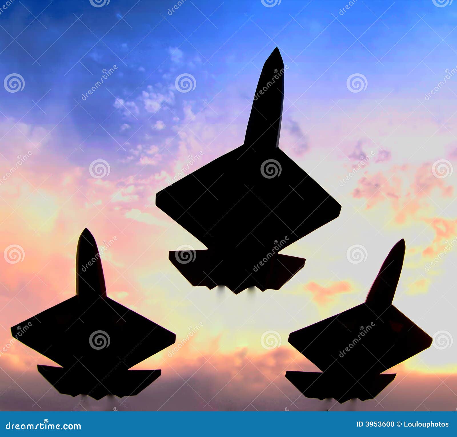 Three Fighter Jets in Formation Stock Photo - Image of warfare, side ...