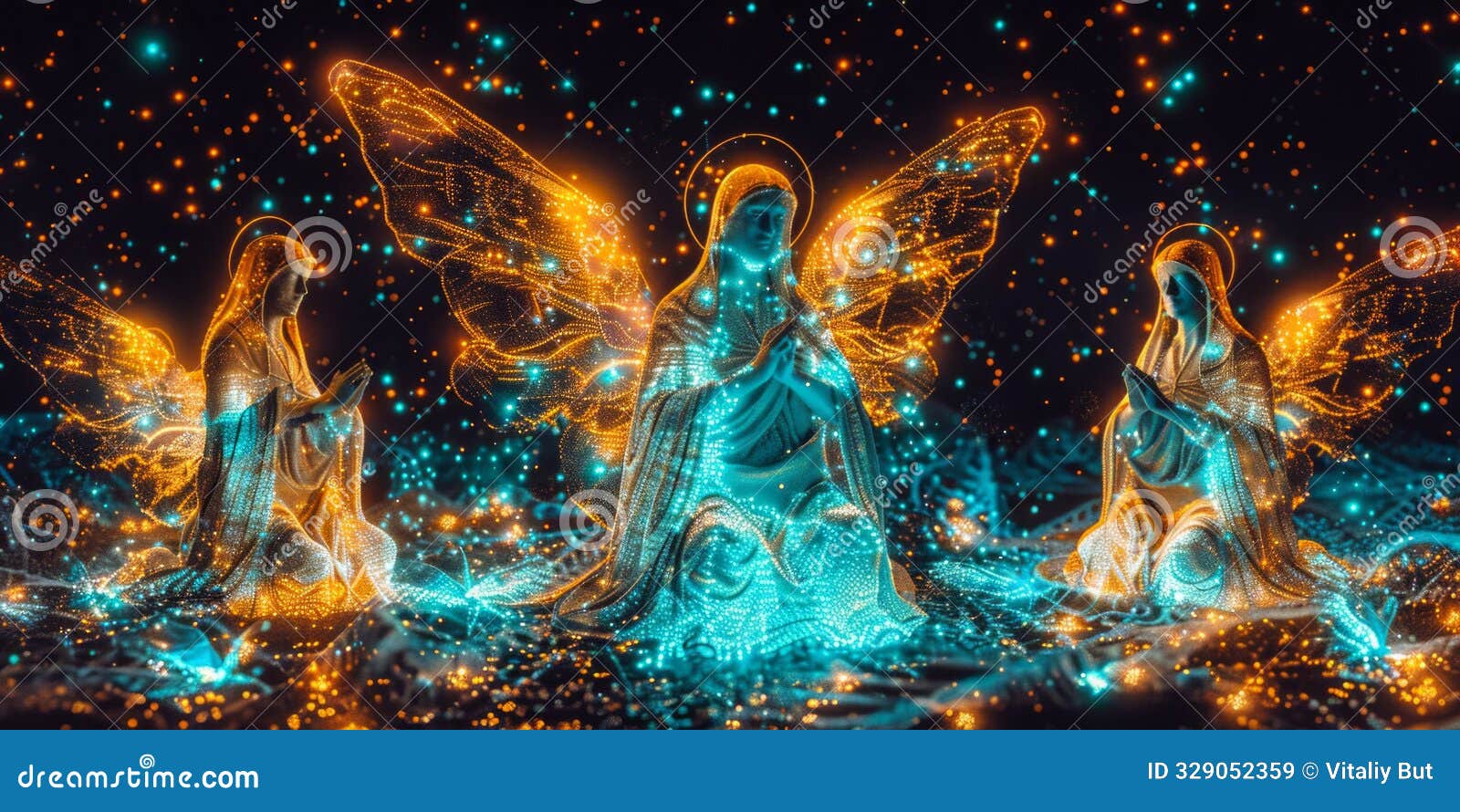 Three Figures Kneel in Prayer, Illuminated by Ethereal Light ...