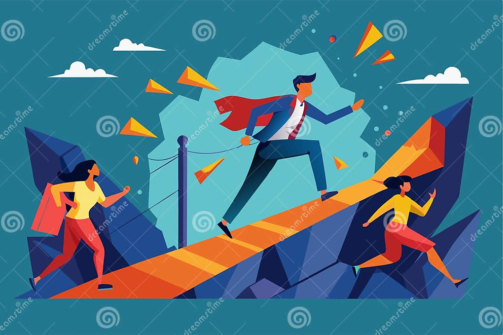 Three Figures are Shown Overcoming Challenges on a Vibrant Path with ...